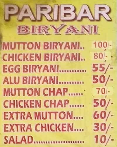Menu of Parivar Biriyani, Kestopur, Kolkata