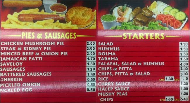 Menu at Britannia restaurant, London, 299 Mare St