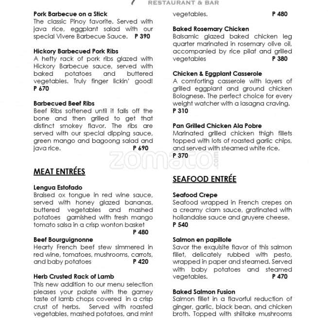 Menu at Vivere Skyline pub & bar, Muntinlupa