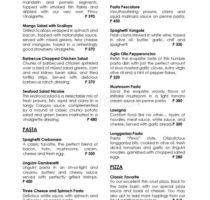 Menu at Vivere Skyline pub & bar, Muntinlupa