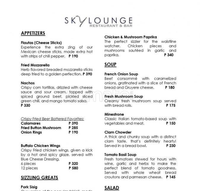 Menu at Vivere Skyline pub & bar, Muntinlupa