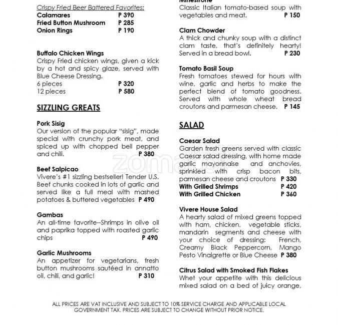 Menu at Vivere Skyline pub & bar, Muntinlupa