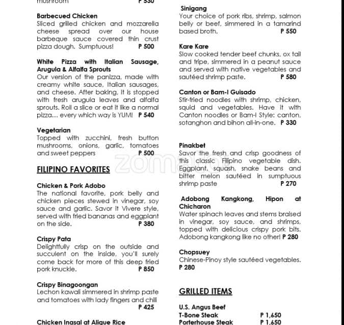 Menu at Vivere Skyline pub & bar, Muntinlupa