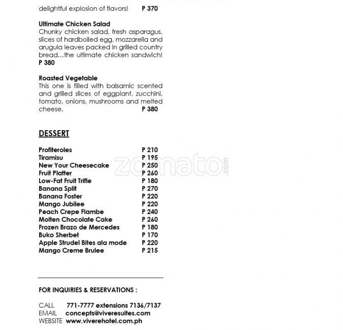 Menu at Vivere Skyline pub & bar, Muntinlupa