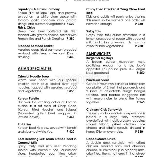 Menu at Vivere Skyline pub & bar, Muntinlupa