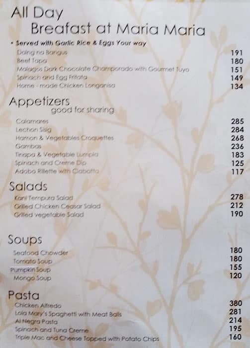 Menu at Maria Maria Restaurante, San Juan