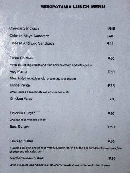 Menu at Mesopotamia restaurant, Cape Town, 36 Burg St