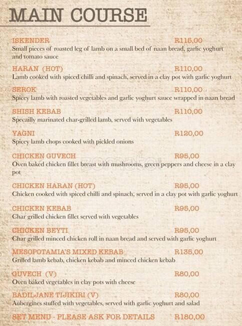 Menu at Mesopotamia restaurant, Cape Town, 36 Burg St
