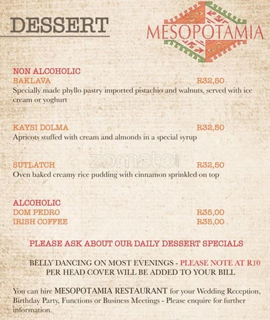 Menu at Mesopotamia restaurant, Cape Town, 36 Burg St