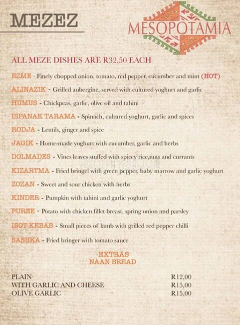 Menu at Mesopotamia restaurant, Cape Town, 36 Burg St