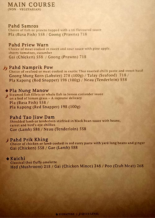 Menu of Benjarong, Alwarpet, Chennai