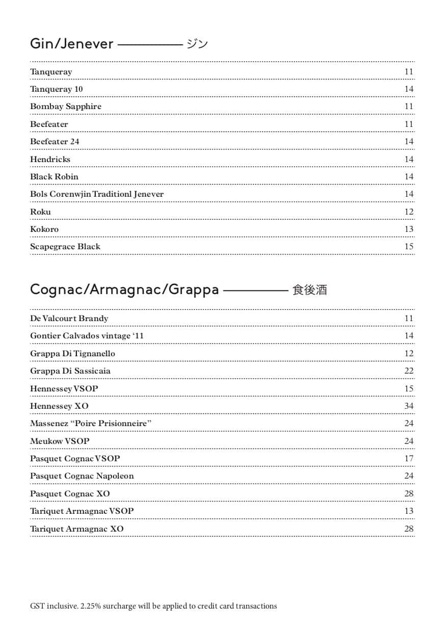 Menu at Ebisu restaurant, Auckland