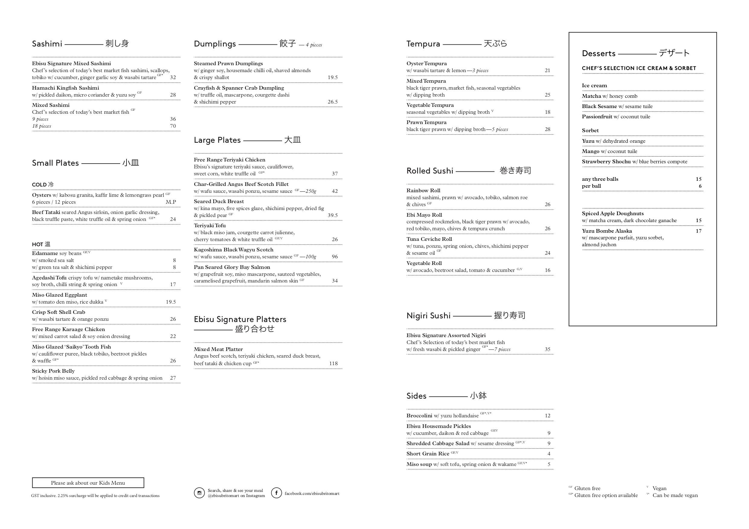 Menu at Ebisu restaurant, Auckland