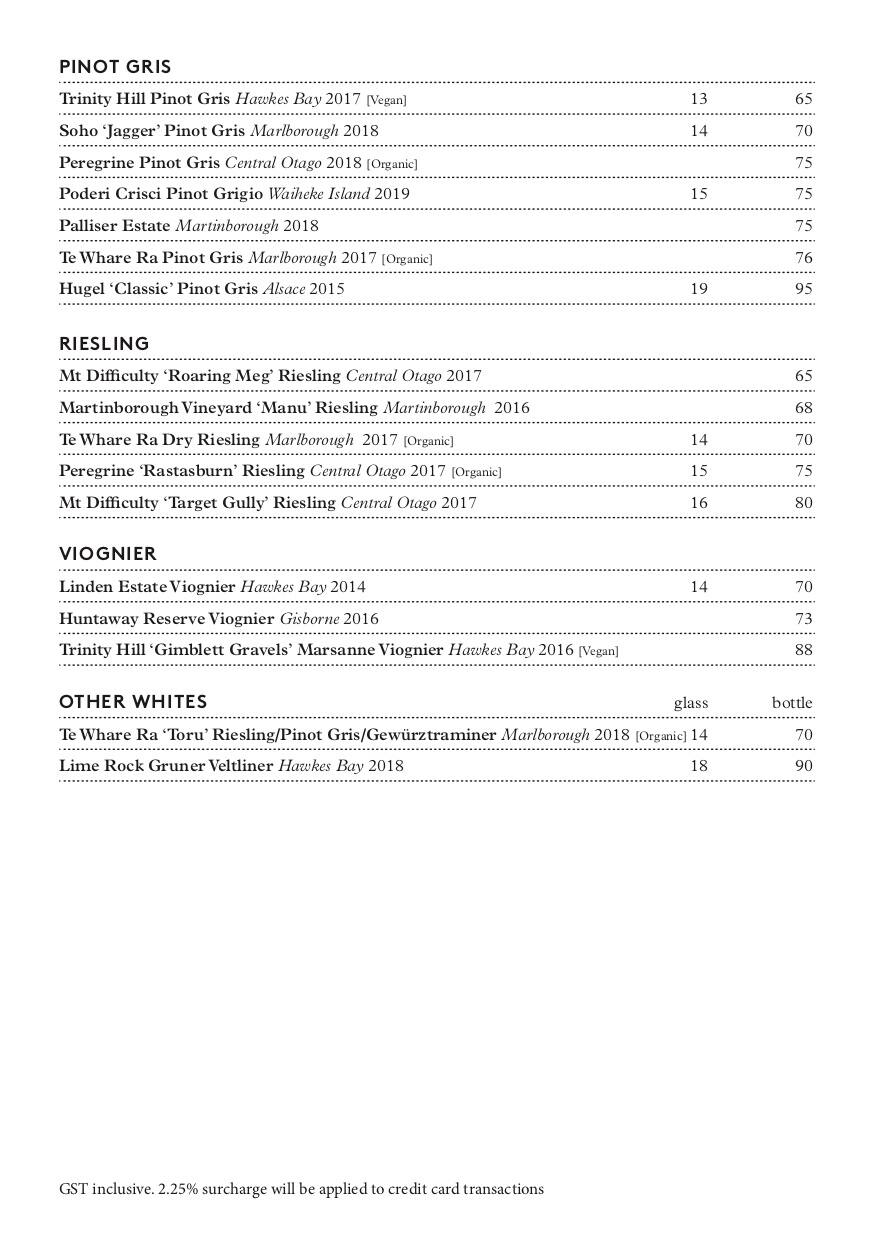 Menu at Ebisu restaurant, Auckland