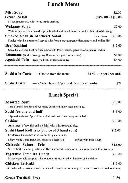 Menu at Hiro Sushi restaurant, Toronto, 171 King St E