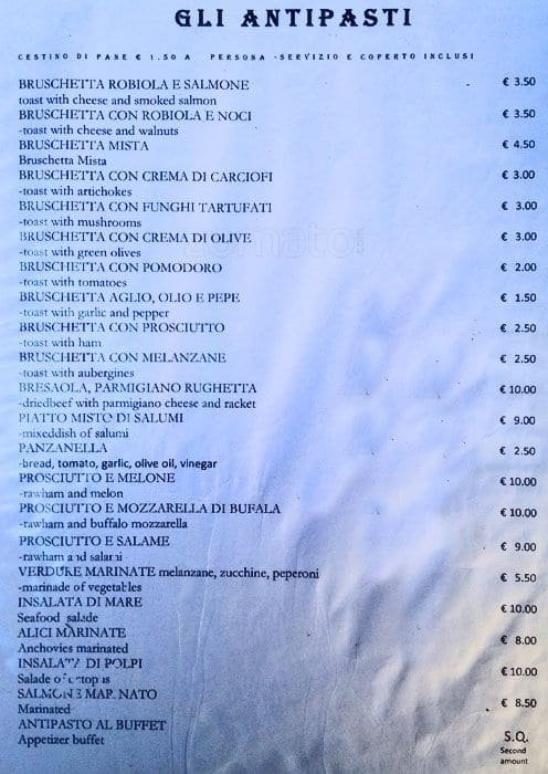 Menu at Antica Trattoria Memmo Srl (Negozio Historico) restaurant, Rome