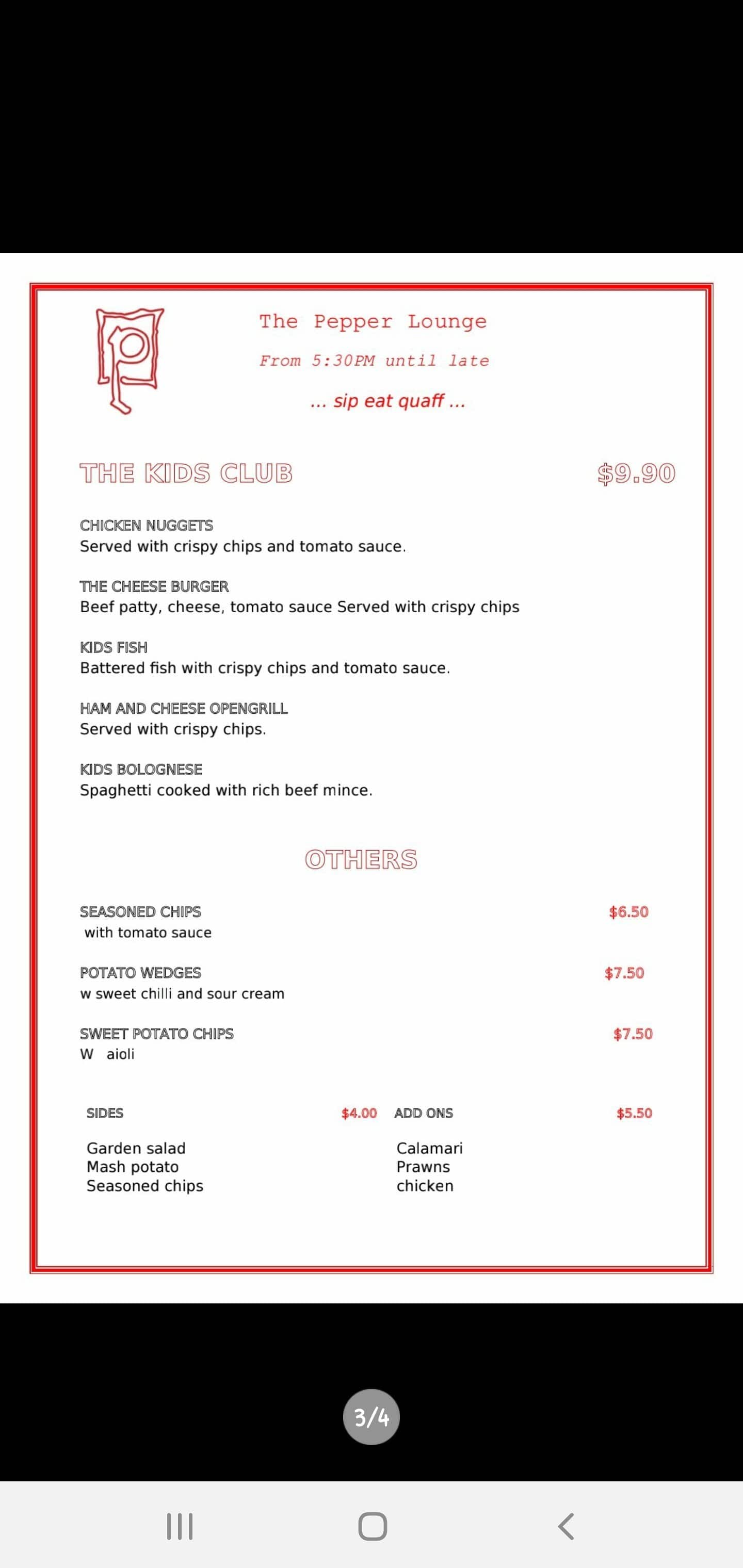 Menu at Pepper Lounge cafe, Brookfield