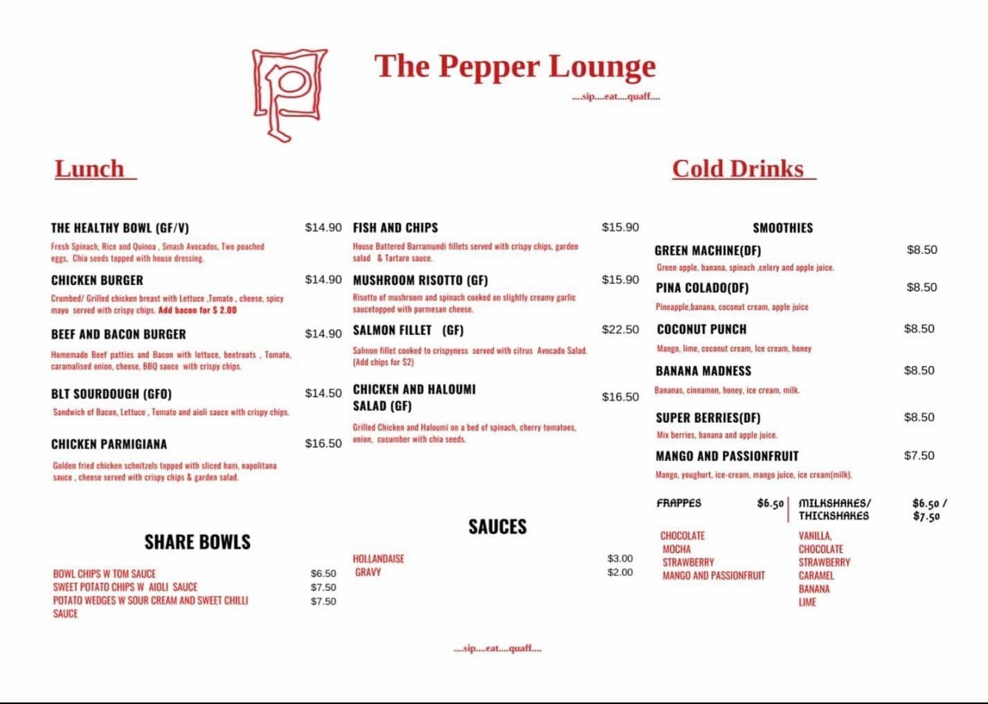 Menu at Pepper Lounge cafe, Jindalee