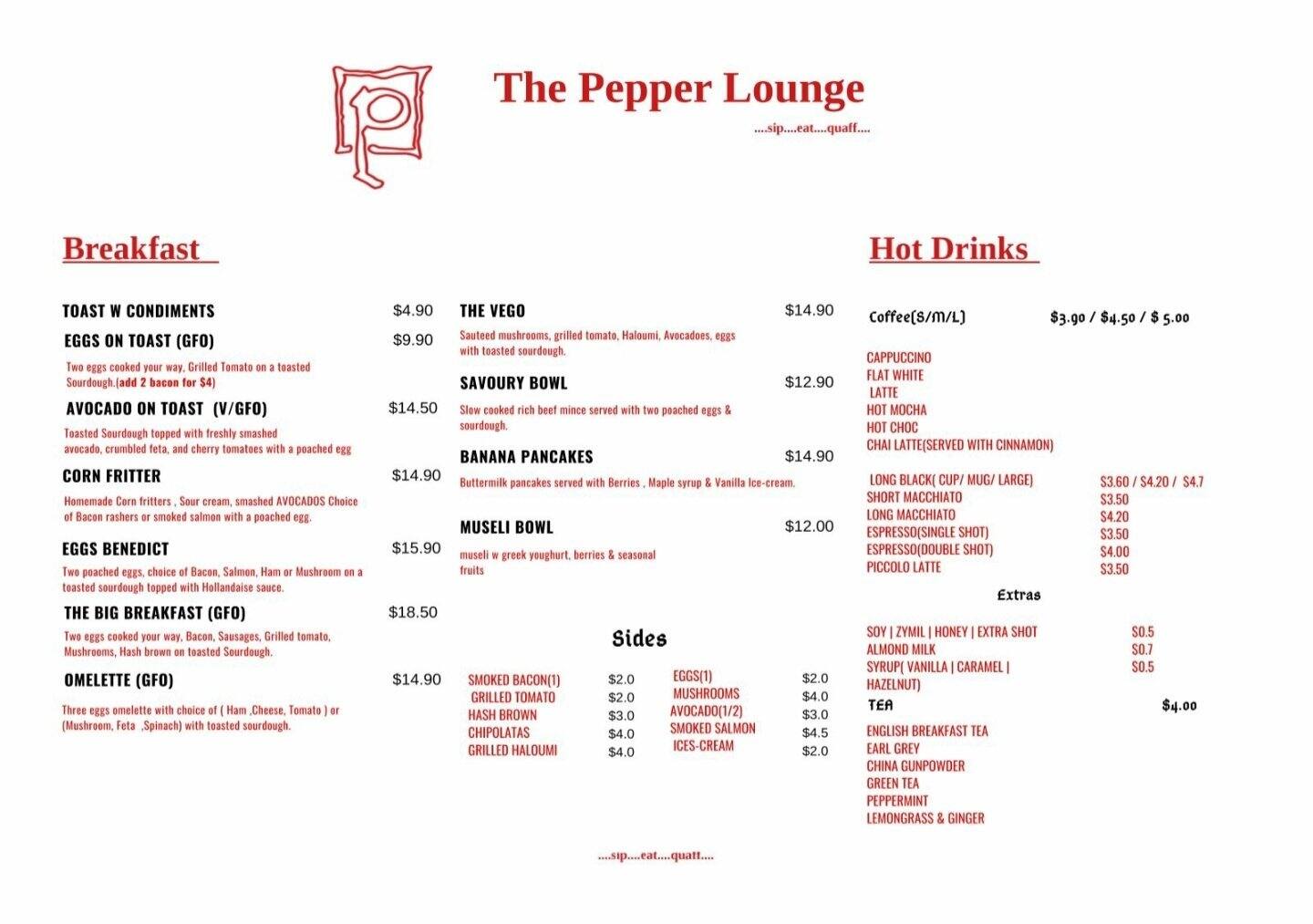 Menu at Pepper Lounge cafe, Jindalee