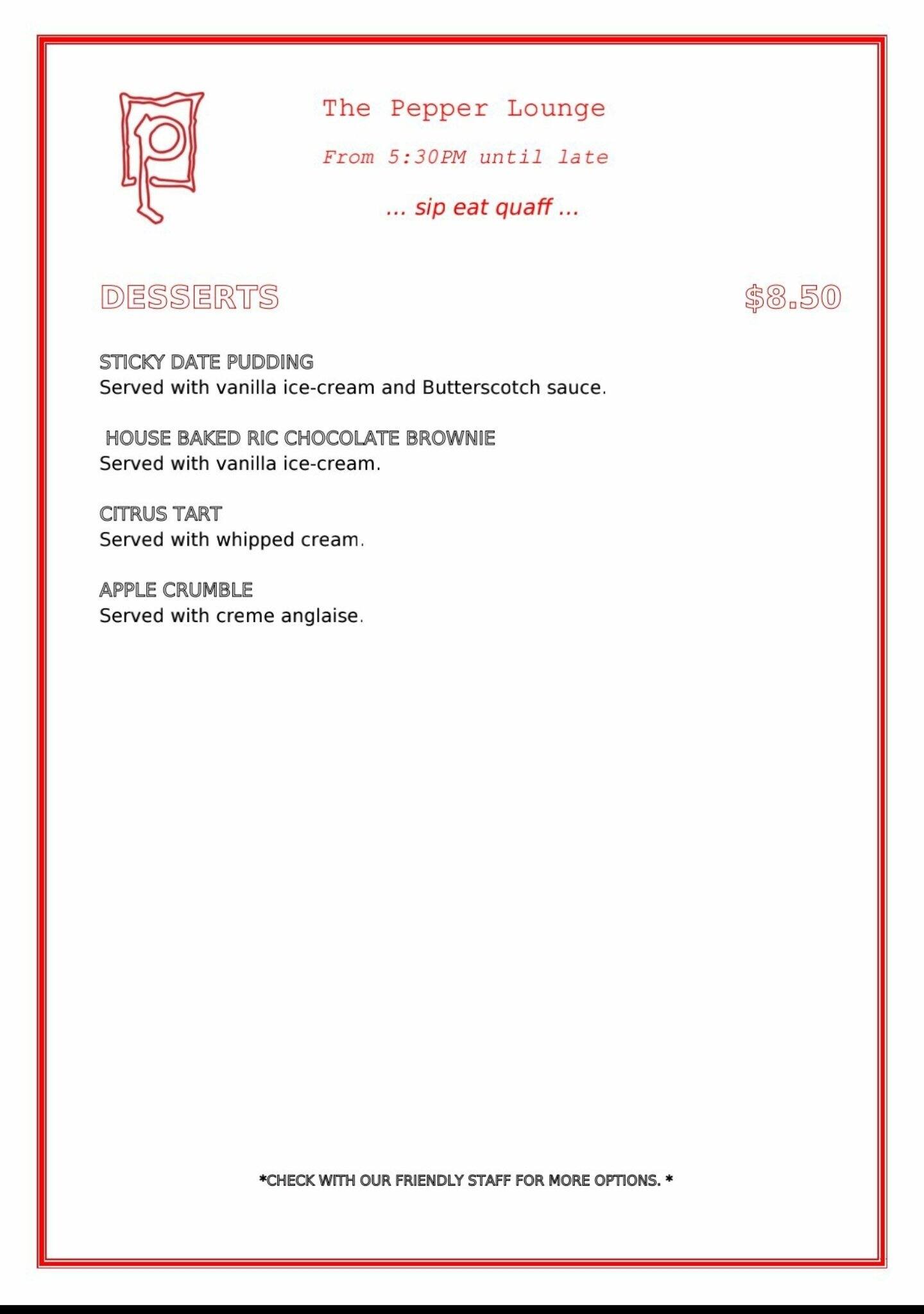 Menu at Pepper Lounge cafe, Brookfield