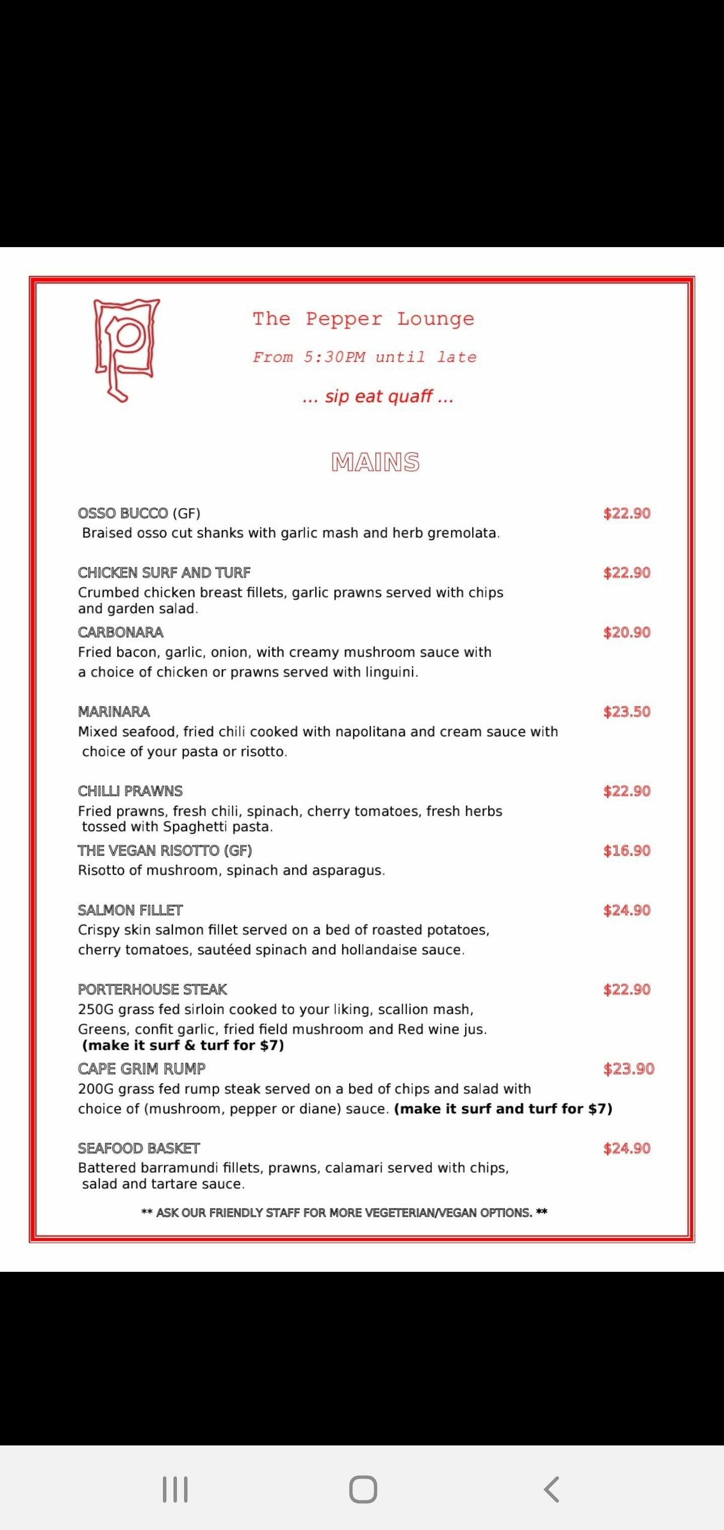 Menu at Pepper Lounge cafe, Jindalee