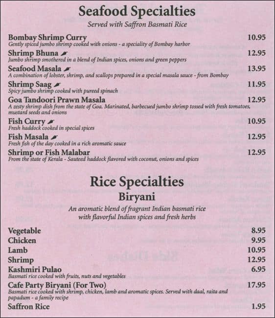 Menu at Cafe India Eastern Indian Cuisine, Lynnwood