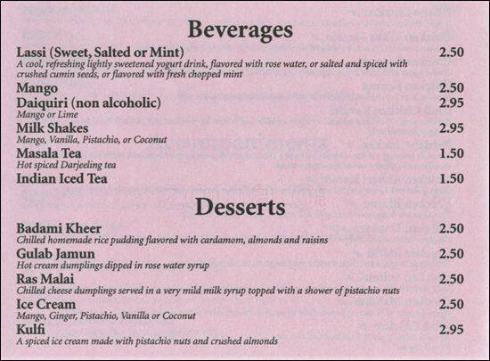 Menu at Cafe India Eastern Indian Cuisine, Lynnwood