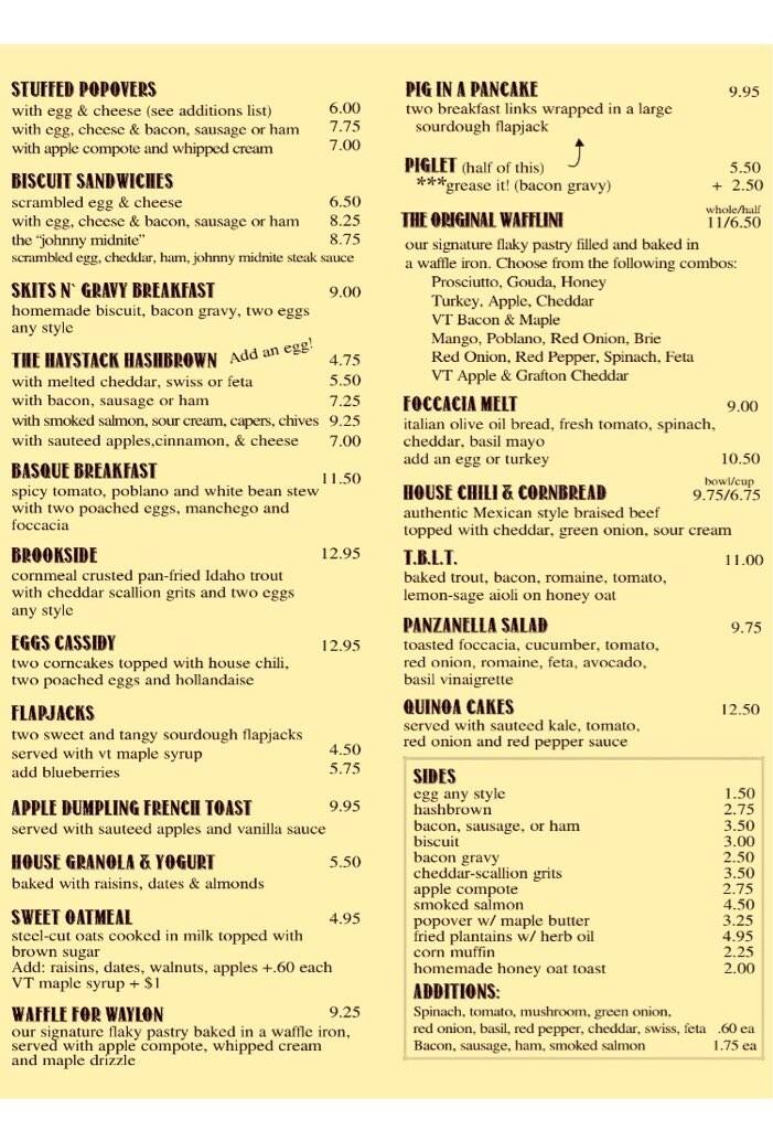 Menu at The Swingin' Pinwheel cafe, Burlington