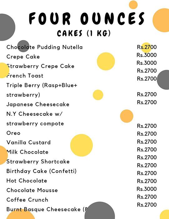 Menu of Four Ounces, Gachibowli, Hyderabad