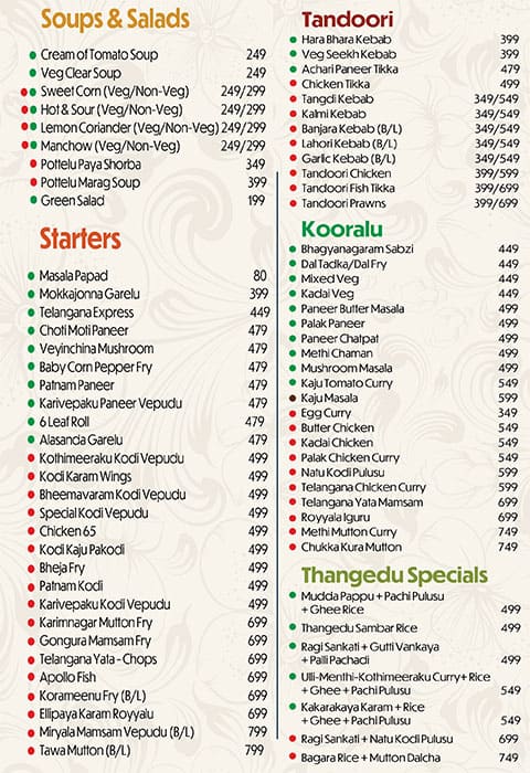 Menu of Thangedu, Madhapur, Hyderabad