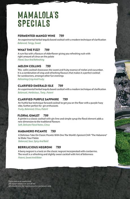 Menu of Mamalola Penthouse Bar & Kitchen, Gachibowli, Hyderabad