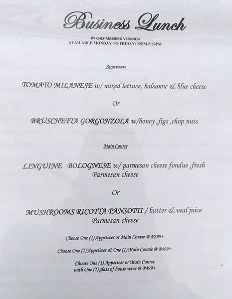 Menu at Va Bene Pasta Deli restaurant, Makati, 2nd Floor