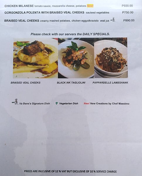 Menu at Va Bene Pasta Deli restaurant, Makati, 2nd Floor