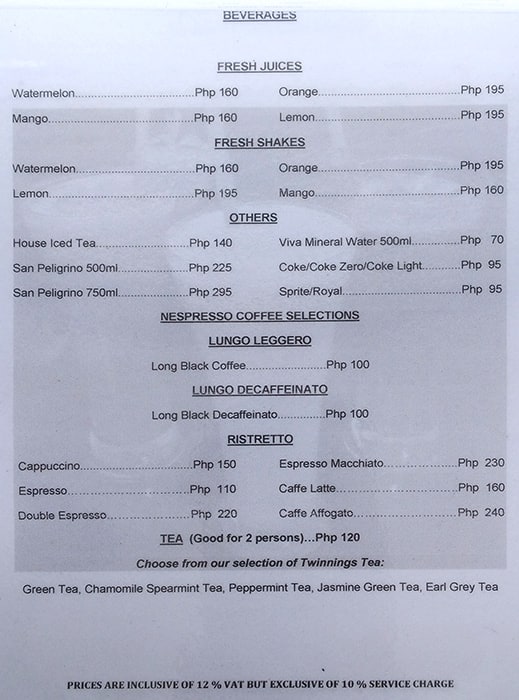 Menu at Va Bene Pasta Deli restaurant, Makati, 2nd Floor