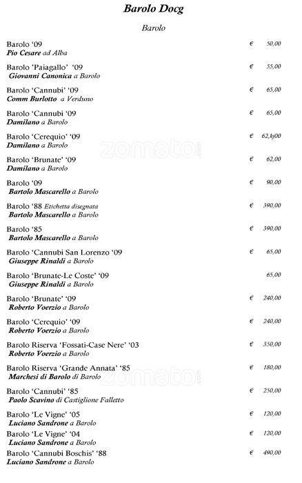 Menu at Roscioli restaurant, Rome