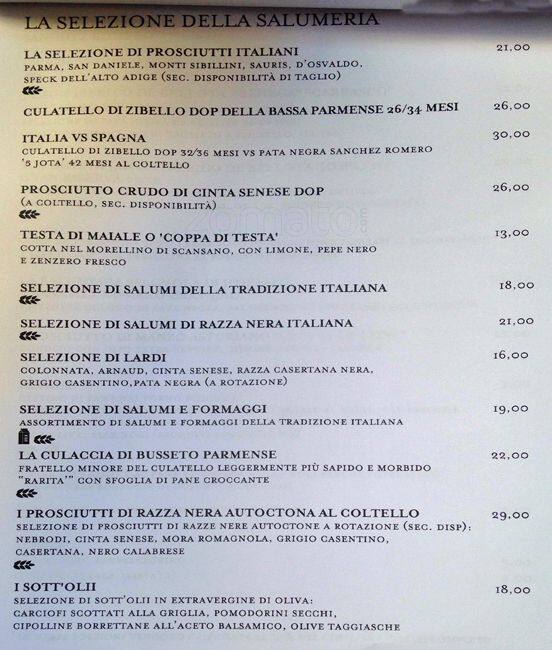 Menu at Roscioli restaurant, Rome