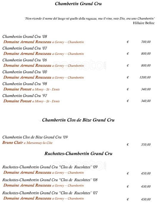 Menu at Roscioli restaurant, Rome