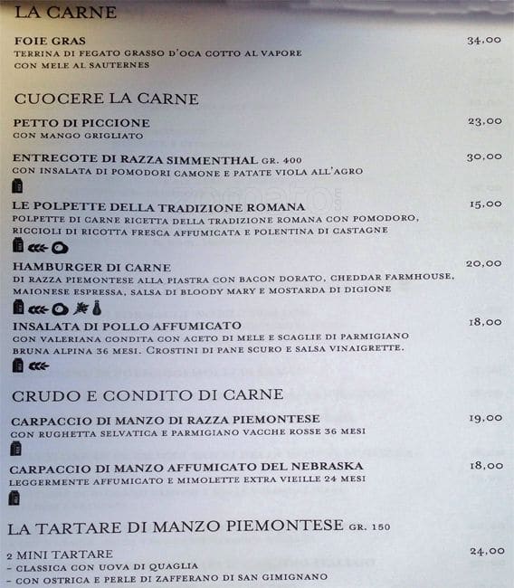 Menu at Roscioli restaurant, Rome