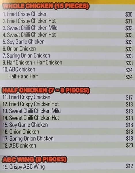 Menu at ABC Chicken fast food, Melbourne