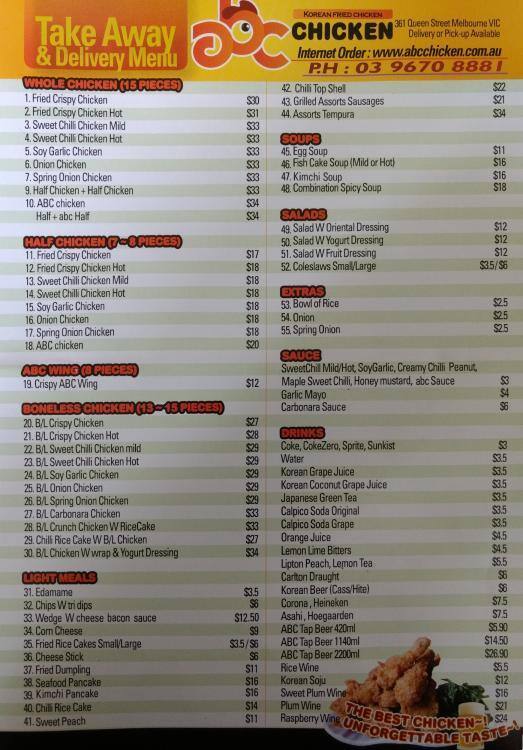 Menu at ABC Chicken fast food, Melbourne