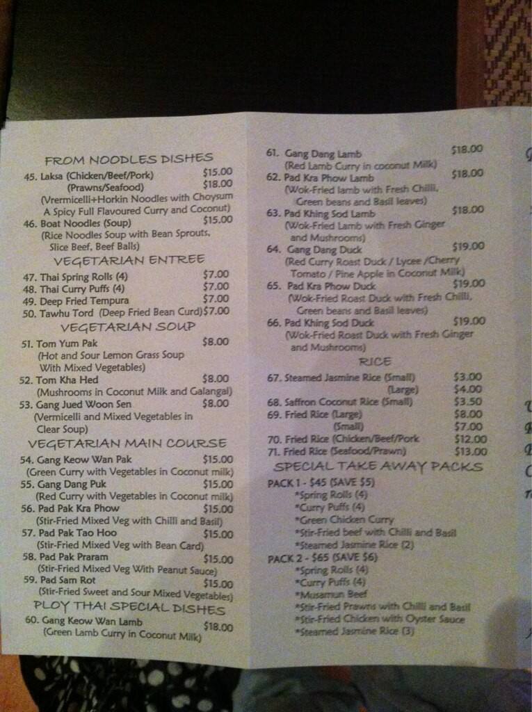 Menu at Ploy Thai Restaurant, Braddon