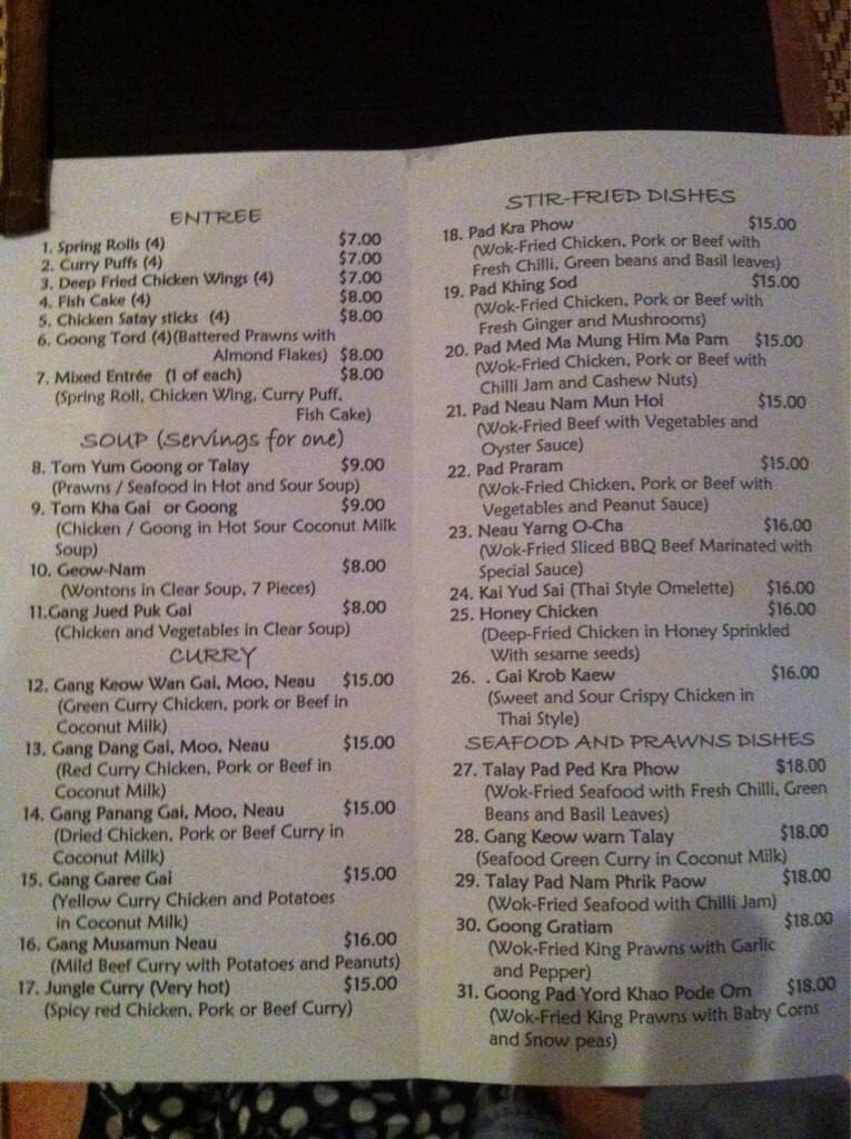 Menu at Ploy Thai Restaurant, Braddon