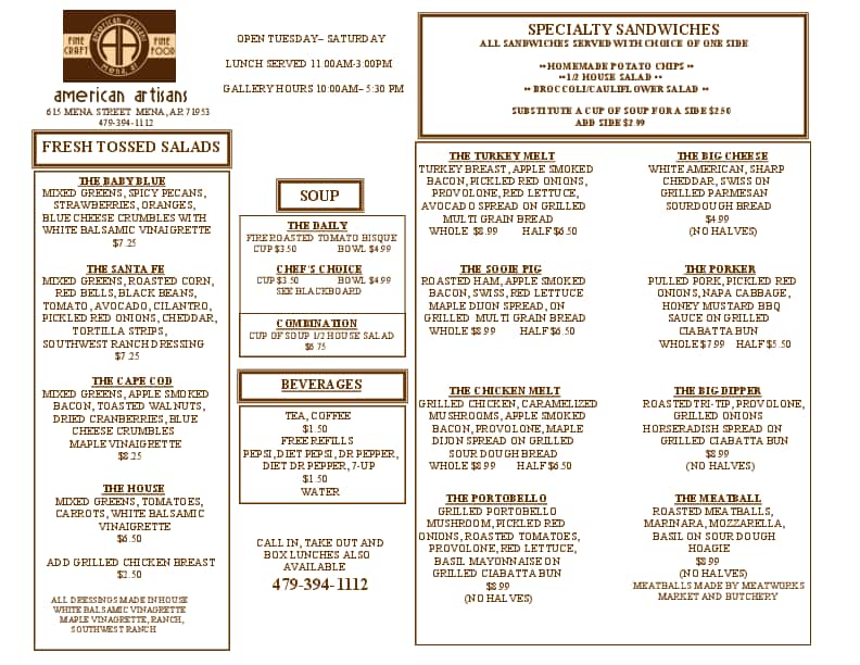 Menu at American Artisans Eatery & Gallery restaurant, Mena