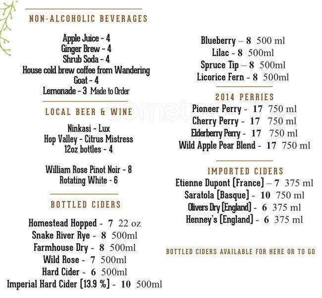 Carta del pub y bar WildCraft Cider Works, Eugene, 232 Lincoln St