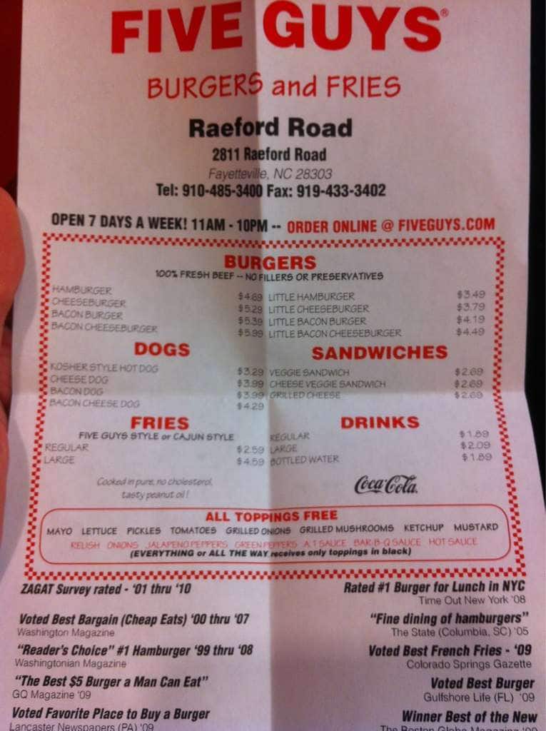 Five Guys Burgers and Fries Menu - Urbanspoon/Zomato