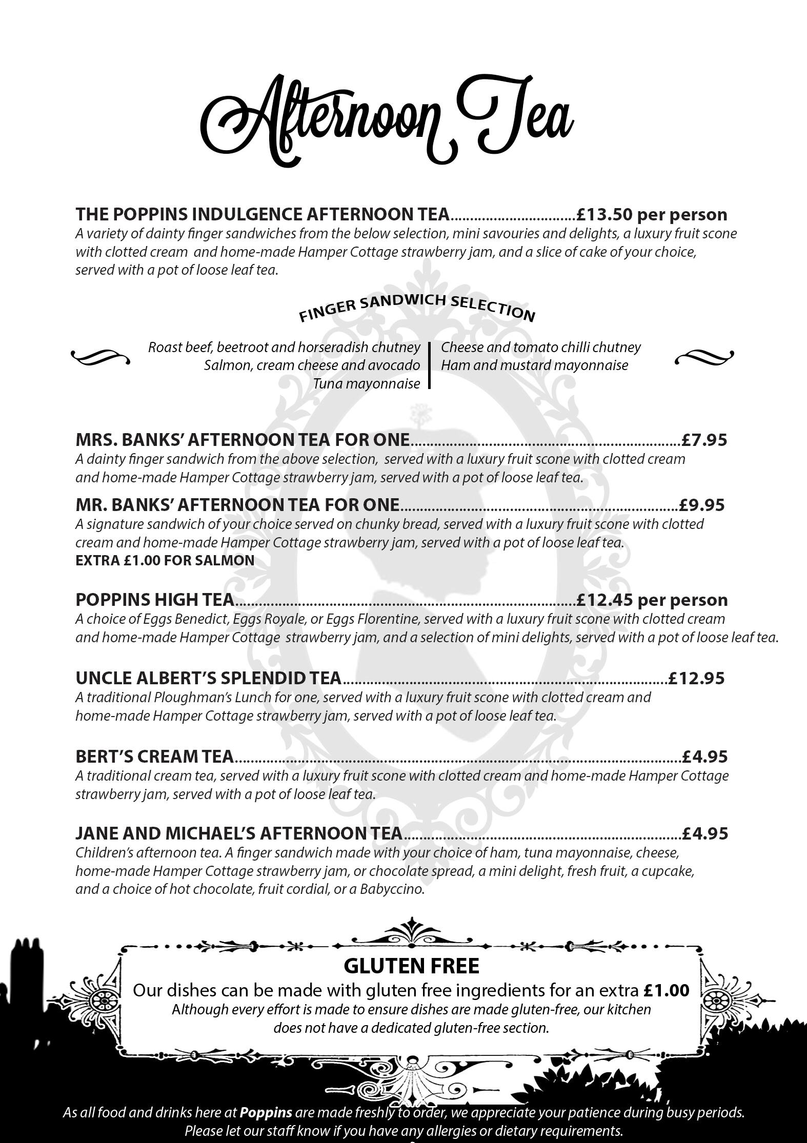 Menu at Poppins Tearooms restaurant, Horwich
