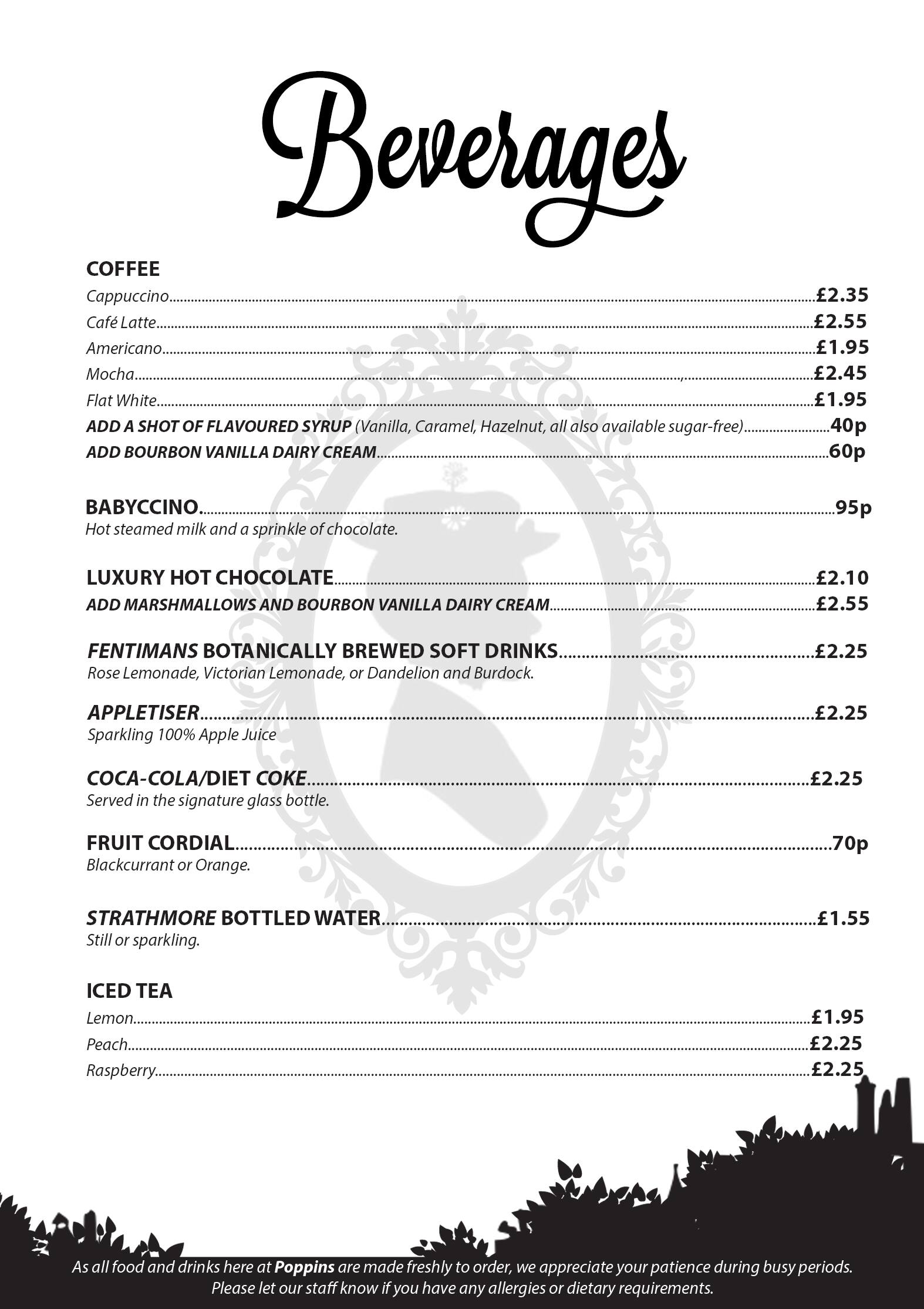 Menu at Poppins Tearooms cafe, Manchester