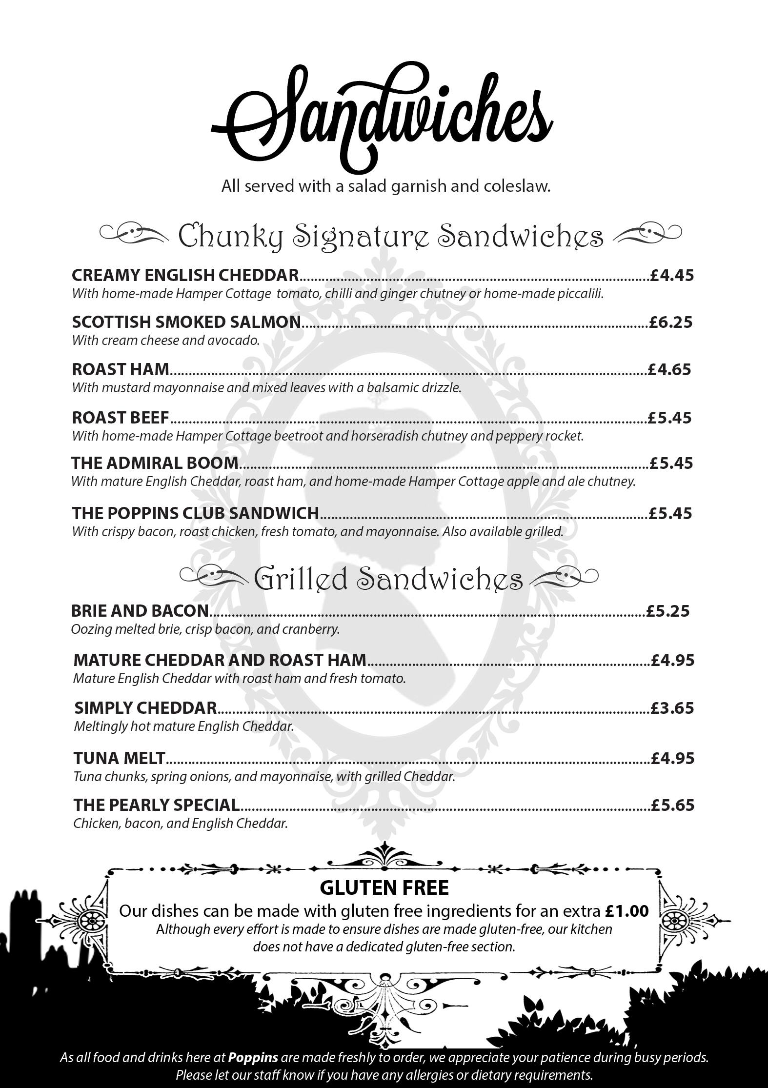 Menu at Poppins Tearooms cafe, Manchester