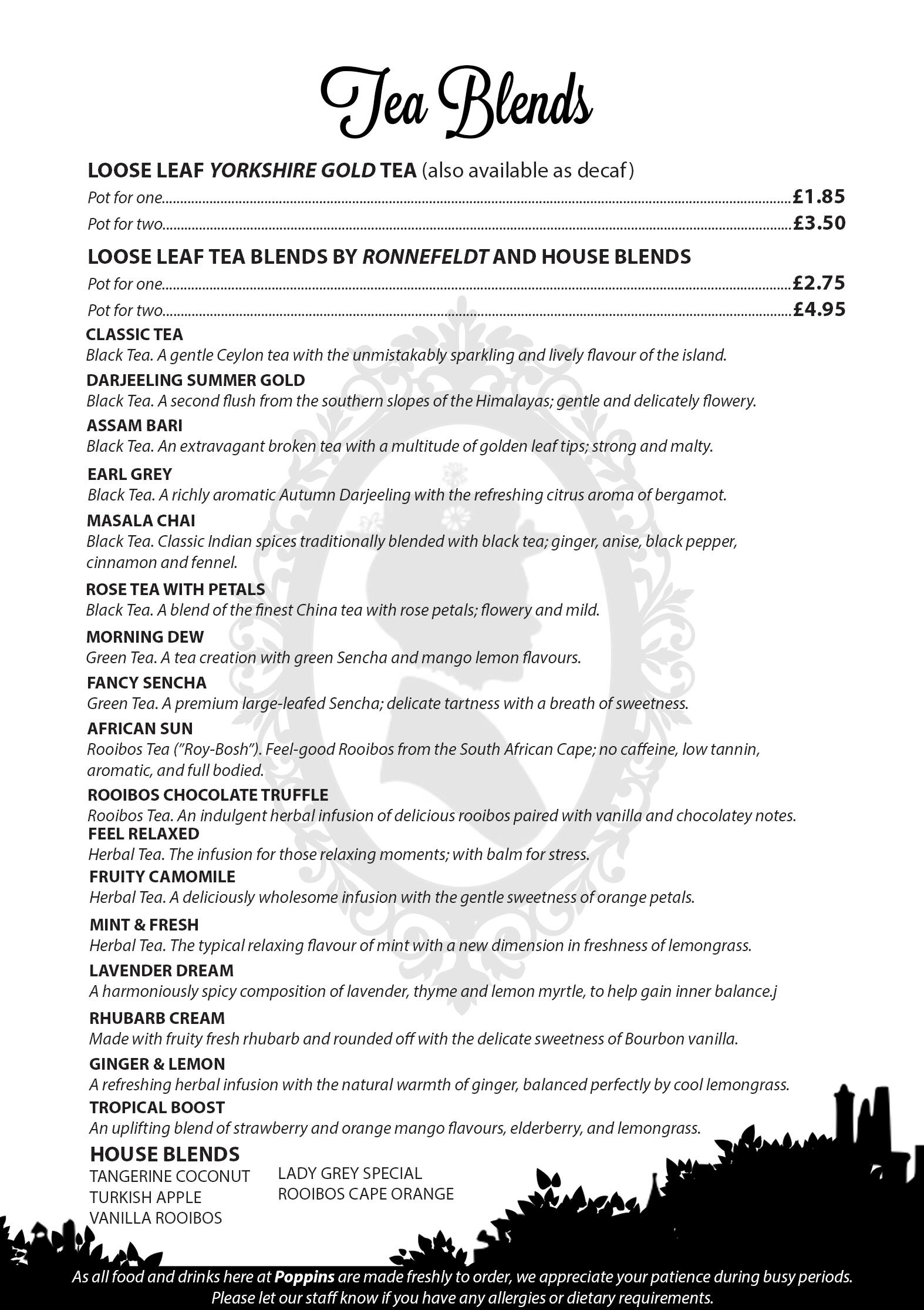 Menu at Poppins Tearooms cafe, Manchester