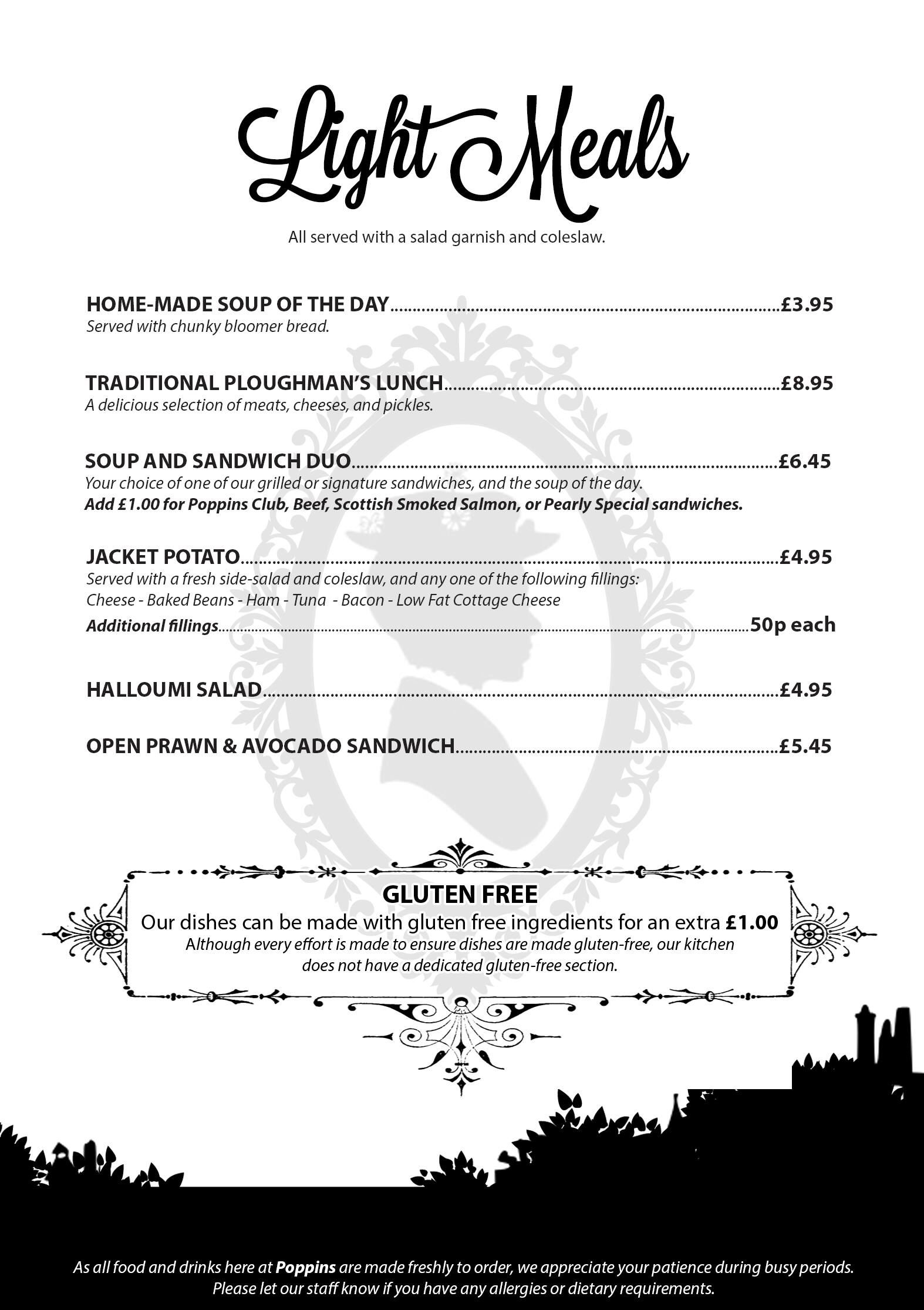 Menu at Poppins Tearooms cafe, Manchester